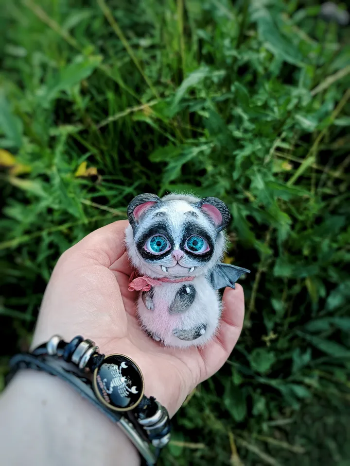 Panda bat is miniature handmade stuffed art toy polymer clay creature ...