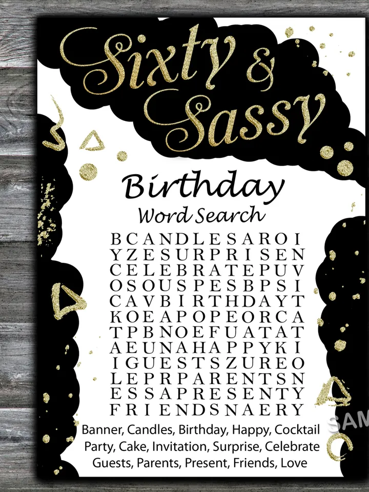 Sixty and Sassy Birthday Word Search Game,Adult Birthday party game-fun ...