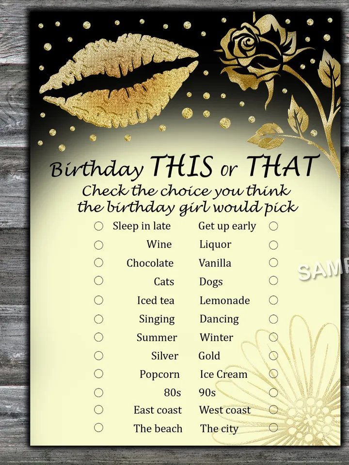 Gold Glitter Lips Birthday This or that game,Adult Birthday party game ...