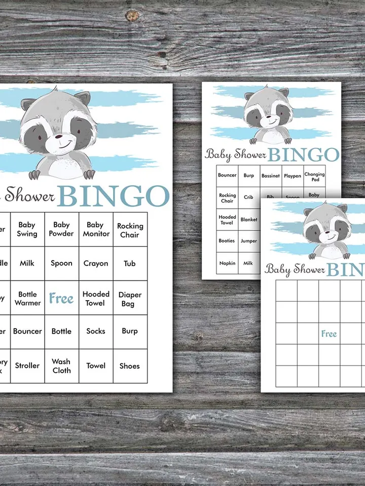 Raccoon Baby Shower Bingo Cards,Woodland Baby Shower Bingo Games ...