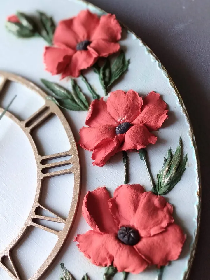 Wall clock with red poppies Wall clock for kitchen Rustic decor ...