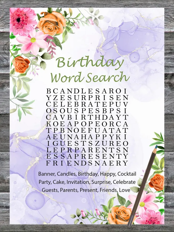 Pink Flowers Birthday Word Search Game,Adult Birthday party game-fun ...