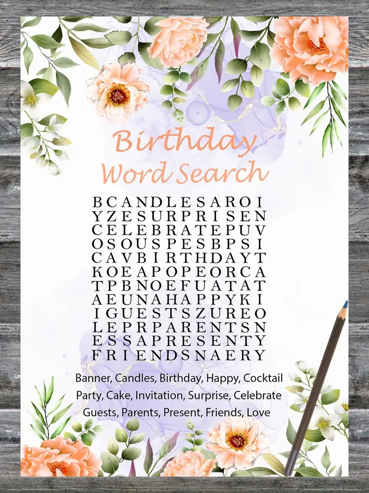 Pastel Flowers Birthday Word Search Game,Adult Birthday party game-fun ...