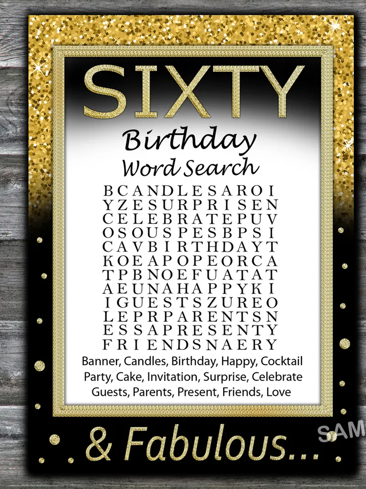 Sixty Birthday Word Search Game,Adult Birthday party game-fun games for ...