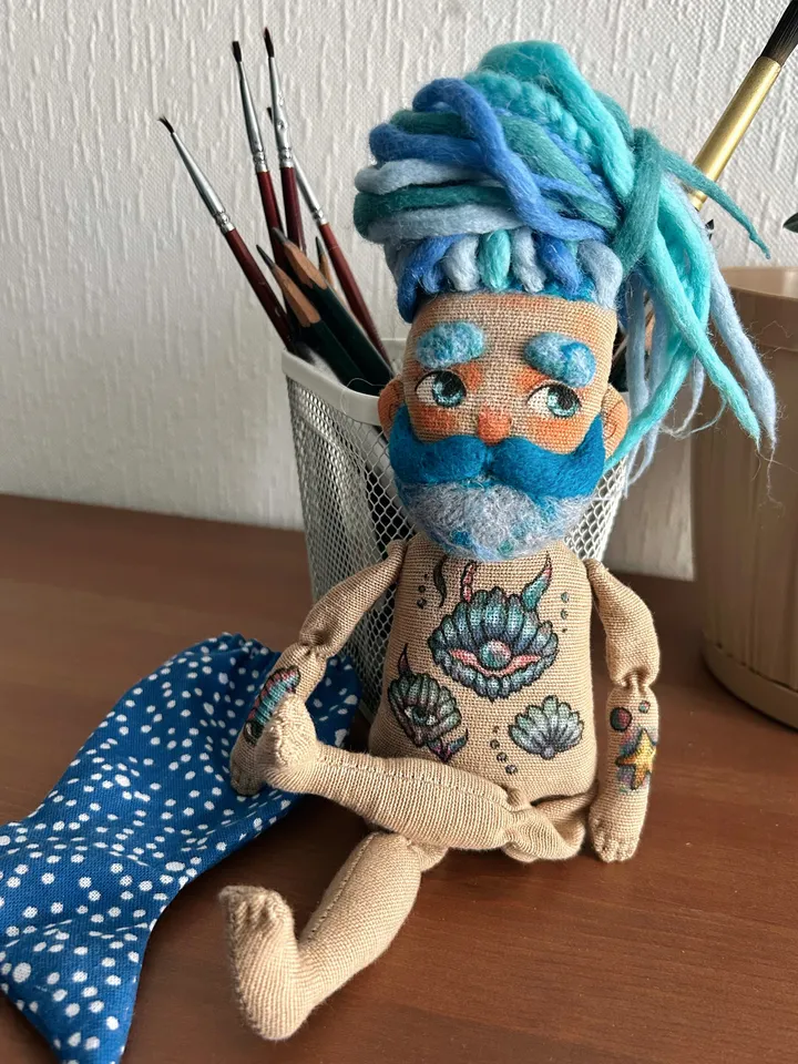 Textile doll bearded merman with blue dreadlocks and tattoo $115.00 ...