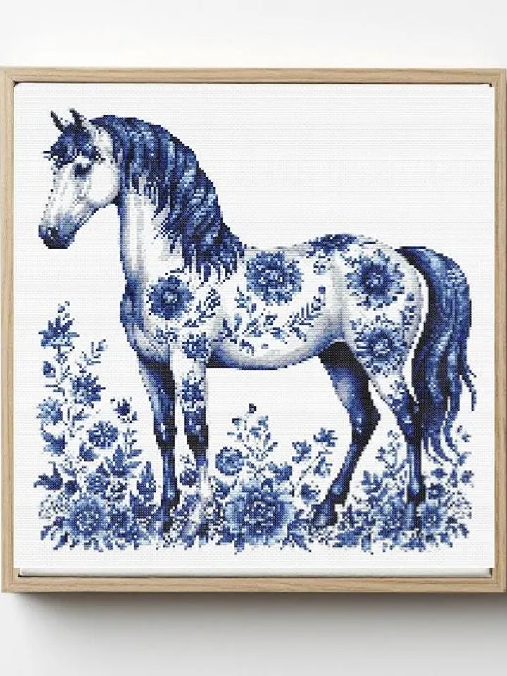 Blue Delft Horse Cross Stitch Pattern: Floral Porcelain Style (PDF Pattern)