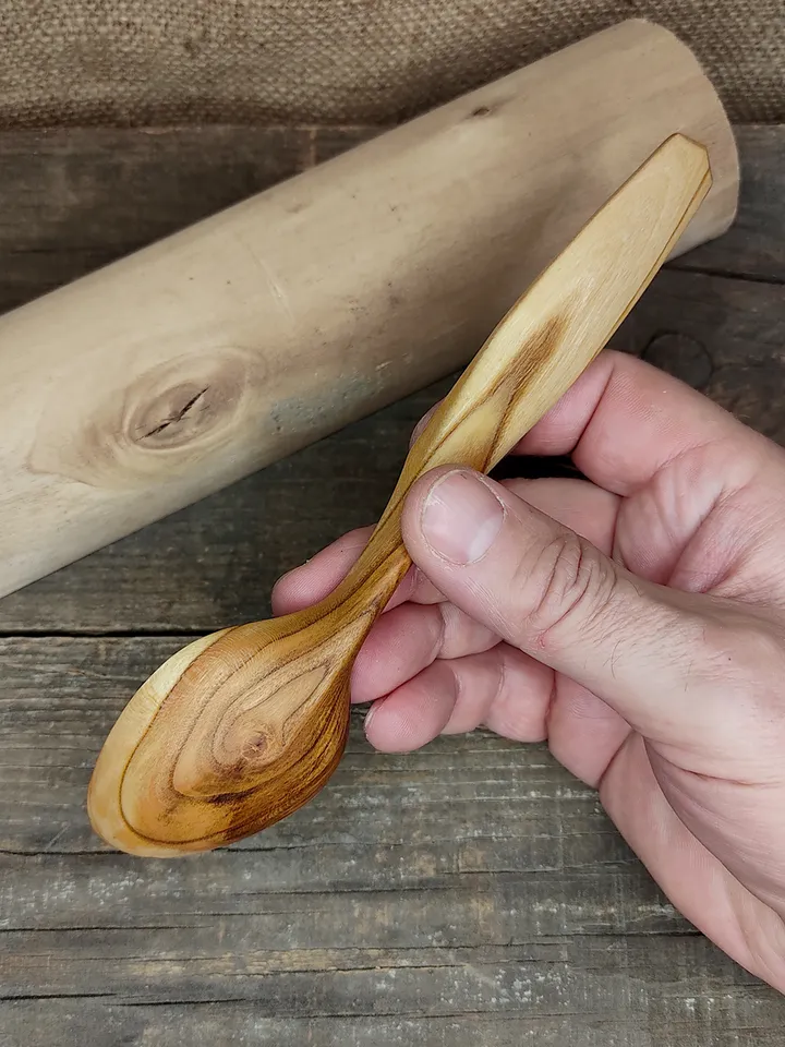 Handmade wooden spoon from peach wood with comfortable handle, eating ...