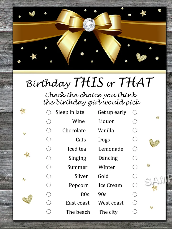 Golden bow Birthday This or that game,Adult Birthday party game-fun ...