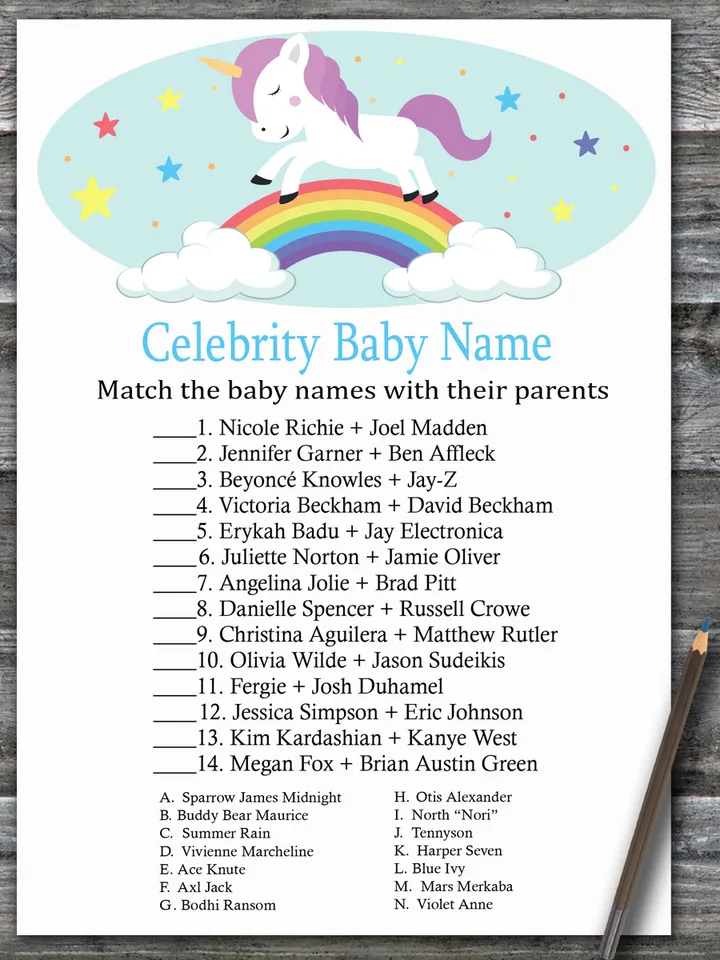 Unicorn Celebrity baby name game card,Rainbow Baby shower games ...