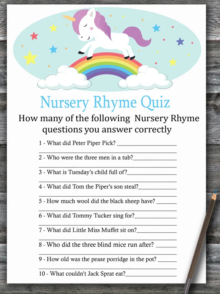 Unicorn Nursery rhyme quiz baby shower game card,Rainbow Baby shower ...