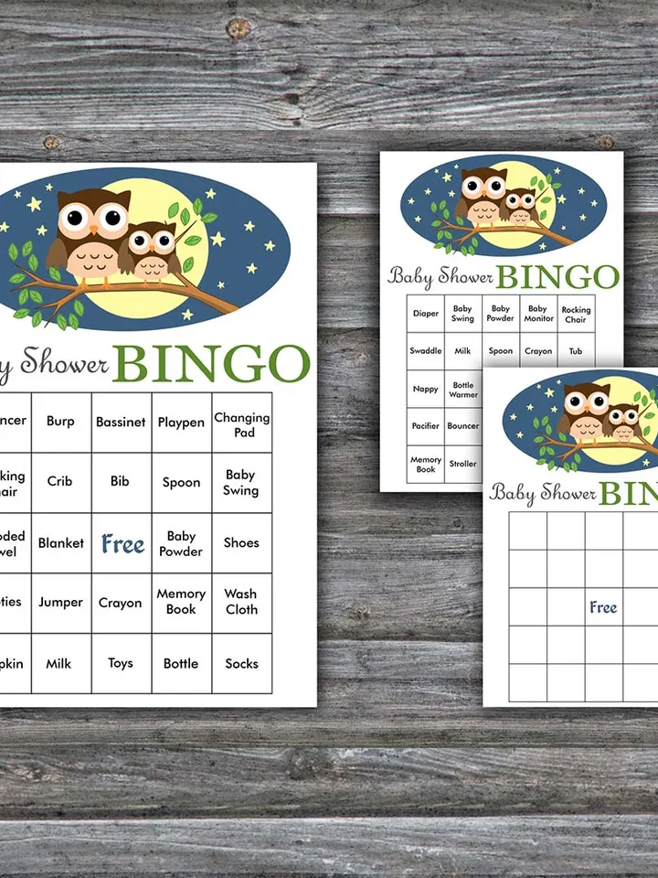60 Owl Theme Baby Shower Bingo Cards,Woodland animals Baby Shower Bingo ...