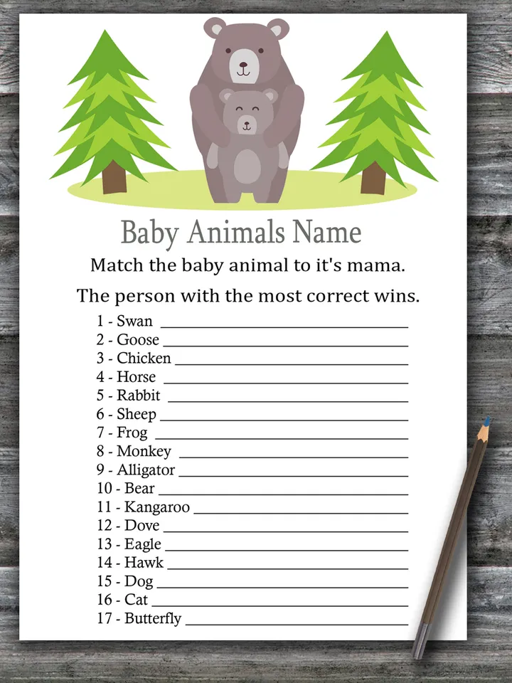 Bear Baby animals name game card,Woodland Baby shower games printable ...