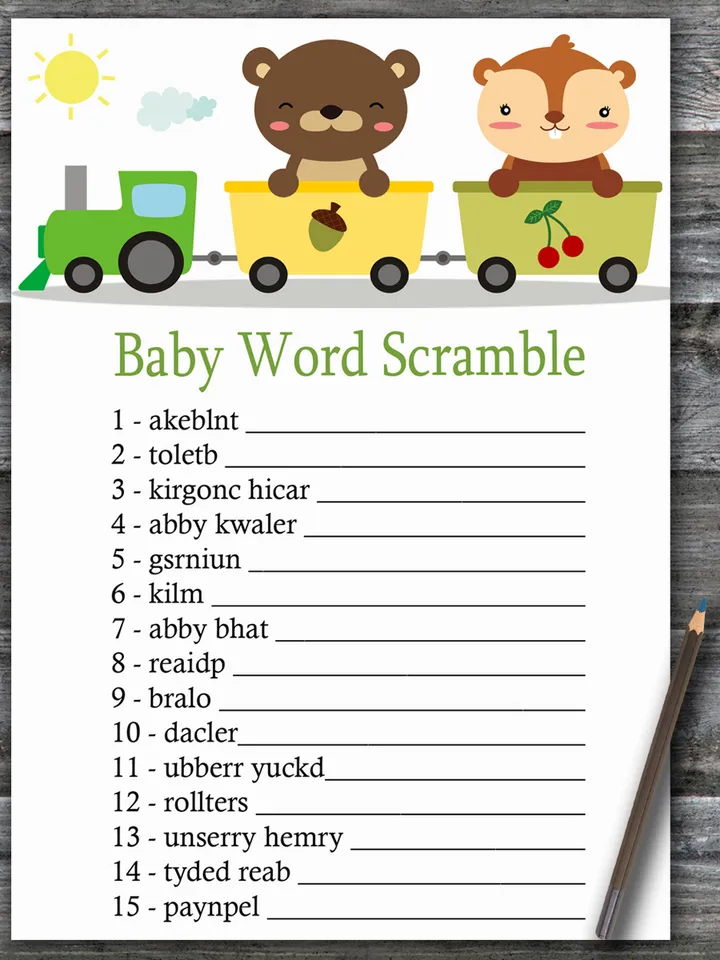 Animal train Baby word scramble game card,Woodland Baby shower games ...