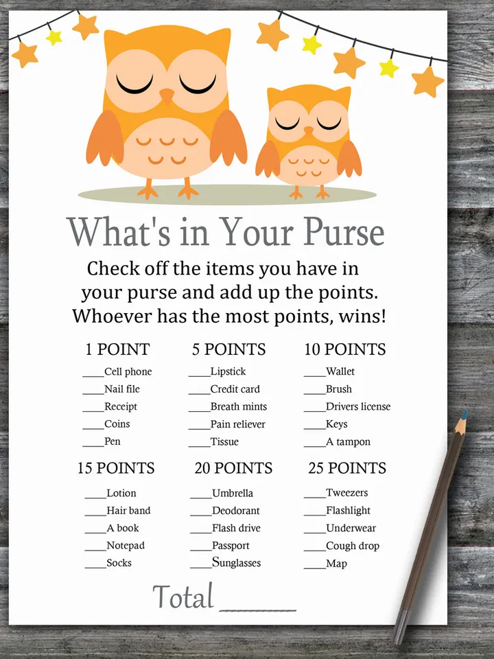Sleeping Owl What's in your purse game,Owl Baby shower games printable ...