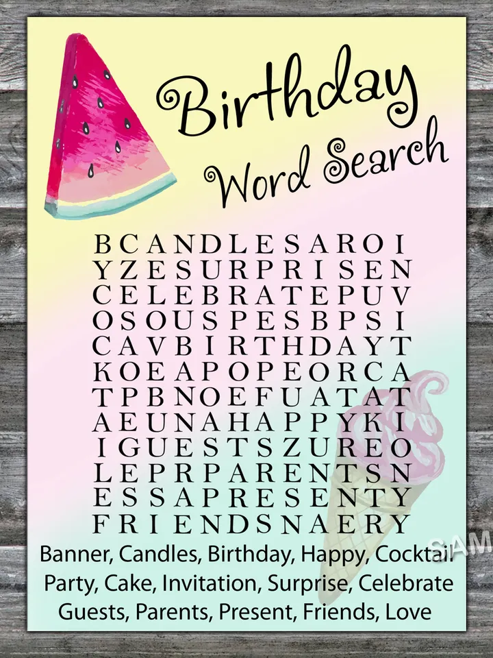Watermelon Birthday Word Search Game,Adult Birthday party game-fun ...
