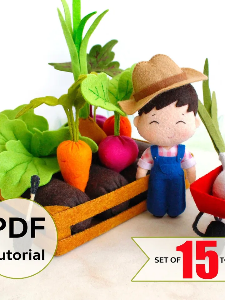 Felt farmer with wheelbarrow, shovel and vegetable garden on the beds hand sewing PDF tutorial ...