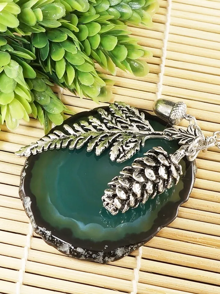 Green Agate Slice Slab Fern Leaf Pine Cone Acorn Forest Pendant ...