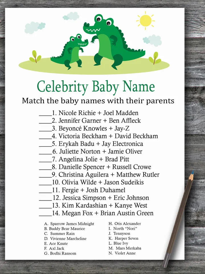 Alligator Celebrity baby name game card,Alligator Baby shower games ...