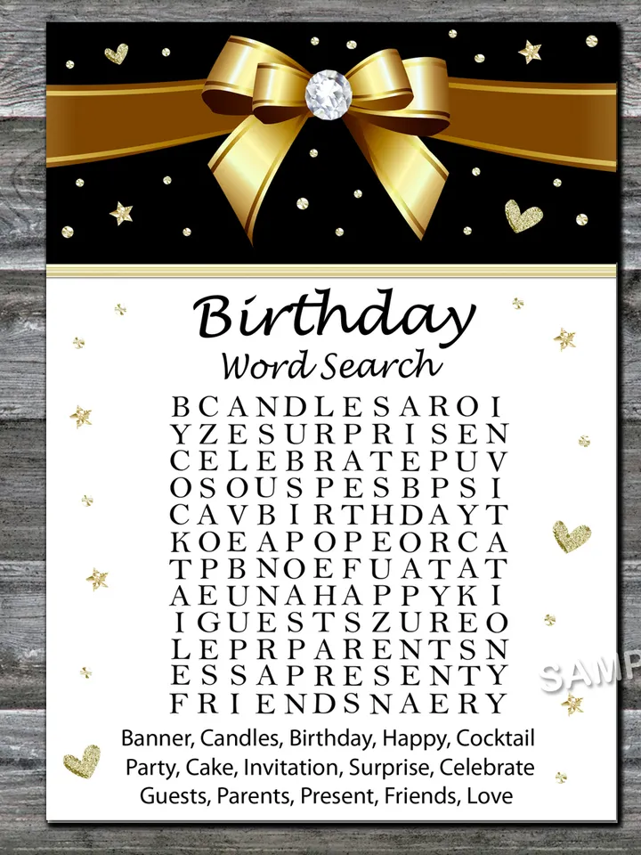 Golden bow Birthday Word Search Game,Adult Birthday party game-fun ...