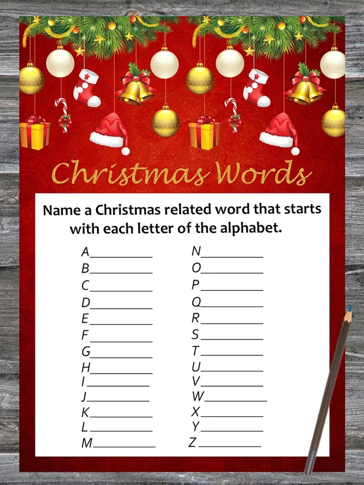 Christmas party games,Christmas Word A-Z Game Printable,Gold christmas ...