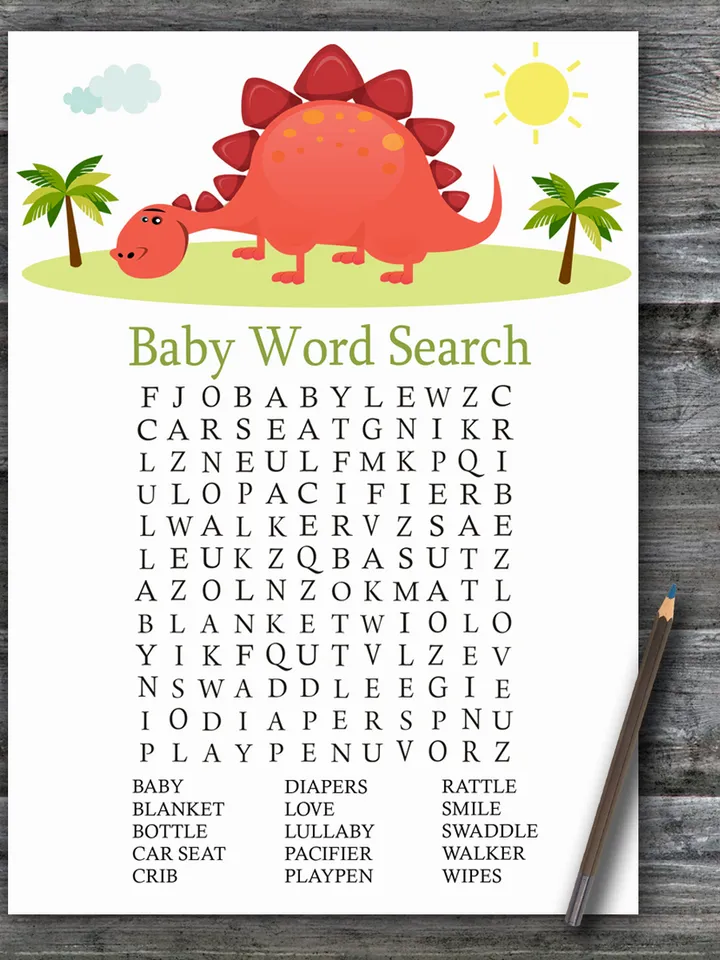 Red Dinosaur Baby shower word search game card,Dinosaur Baby shower ...
