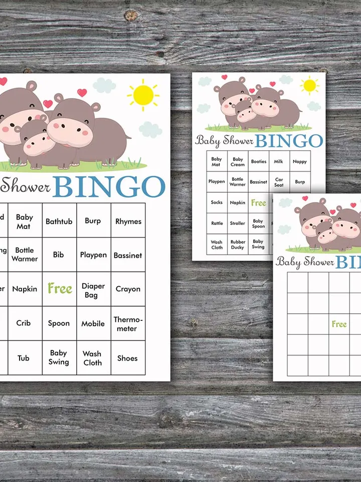 Safari Baby Shower Bingo Cards,Hippo Baby Shower Bingo Games,Printable ...