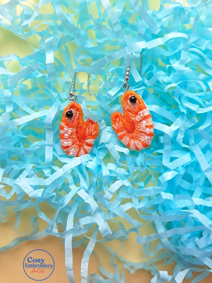Shrimp Earrings Hand Embroidered Unique Ocean Inspired Jewelry Quirky Shrimp Earrings Hand Embroidered Unique Ocean Inspired Jewelry Quirky