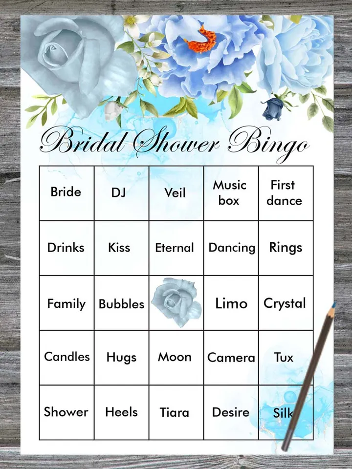 Bridal Shower Bingo Cards,Floral Bridal Bingo Cards,Blue Flowers Bridal ...