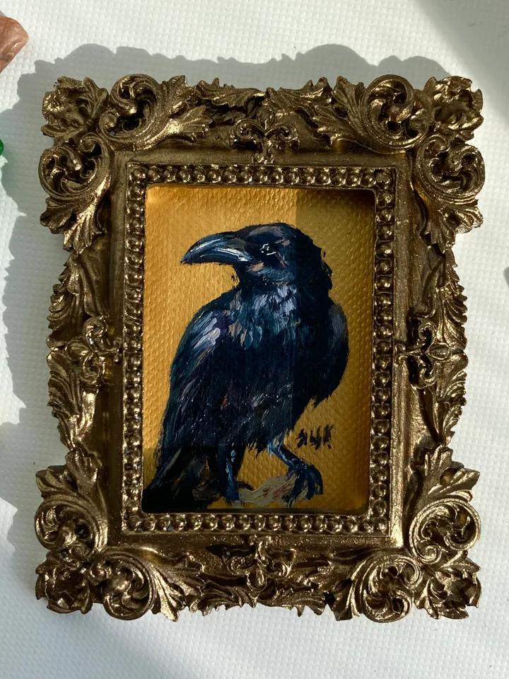Framed Raven Painting Small Original Corvid Artwork Crow Art Tiny Oil ...