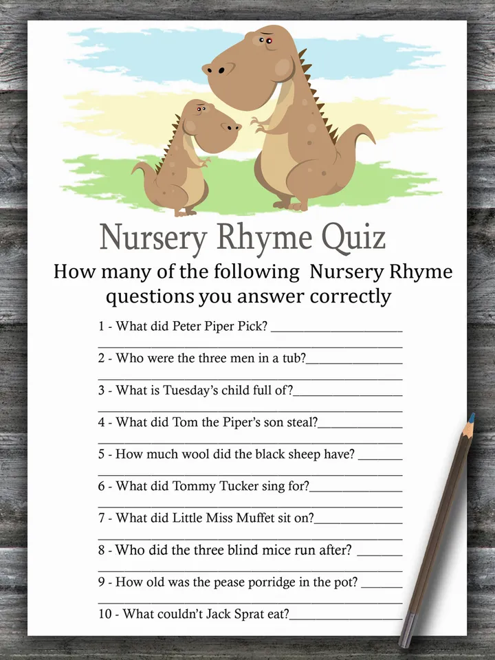 Dinosaur Nursery rhyme quiz baby shower game card,Dinosaur themed Baby ...