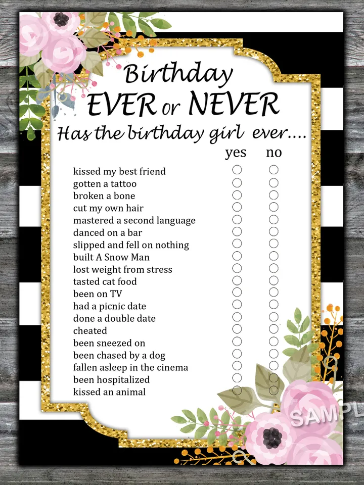 Black White Striped Birthday ever or never game,Adult Birthday party ...