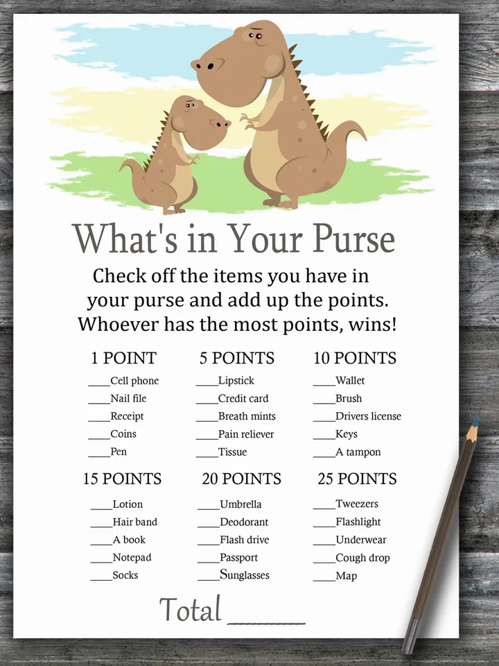 Dinosaur What's in your purse game,Dinosaur themed Baby shower games ...