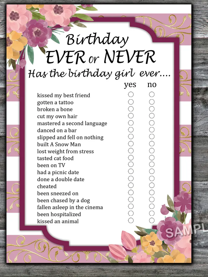 Pink Striped Birthday ever or never game,Adult Birthday party game-fun ...