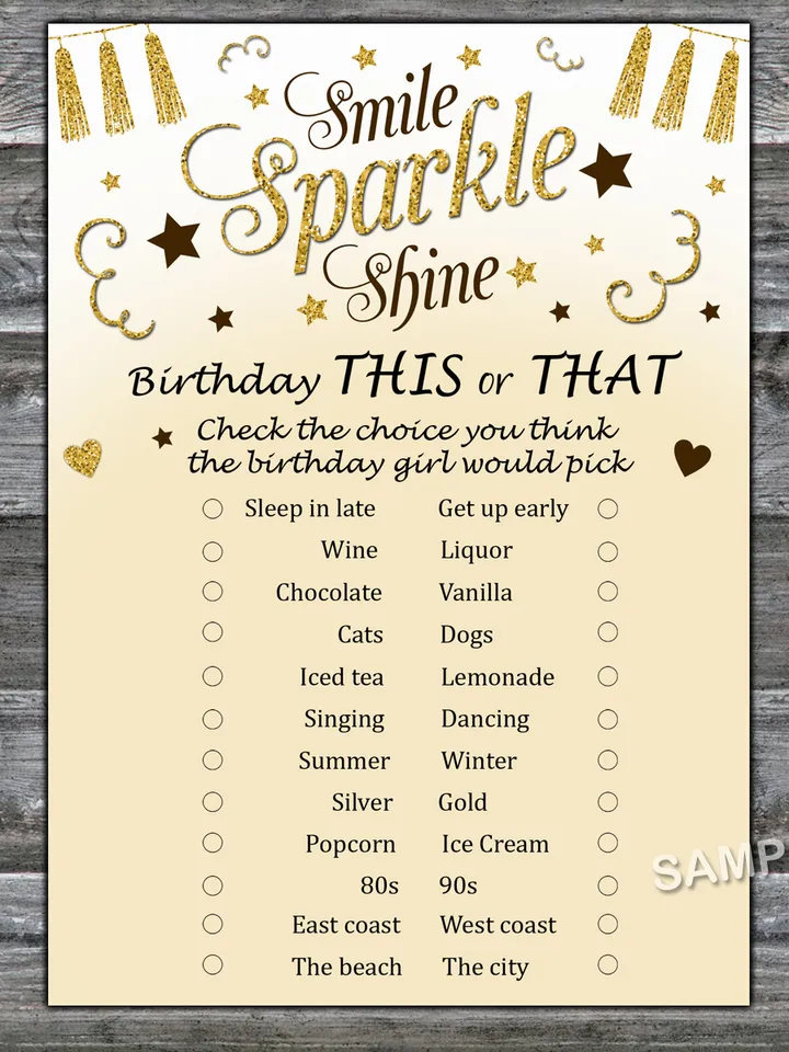 Sparkle and shine Birthday This or that game,Adult Birthday party game ...