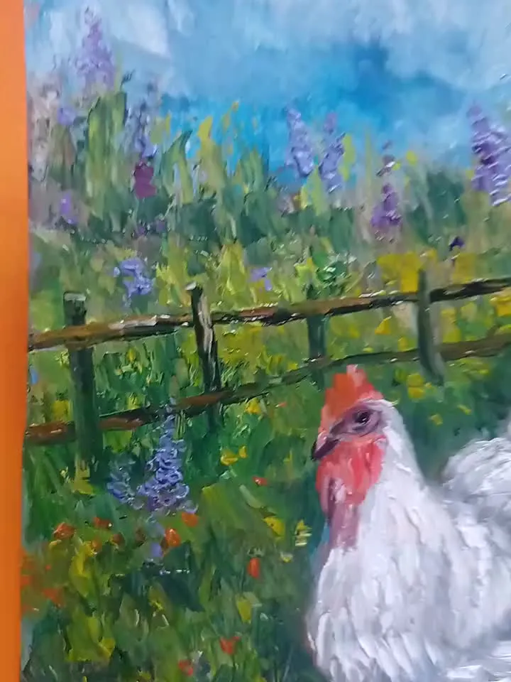 Oil painting rustic scene original painting ,Rooster painting,Chicken ...