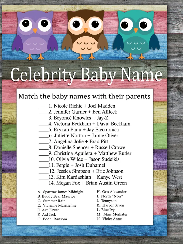 Owl Celebrity baby name game card,Woodland Baby shower games printable ...