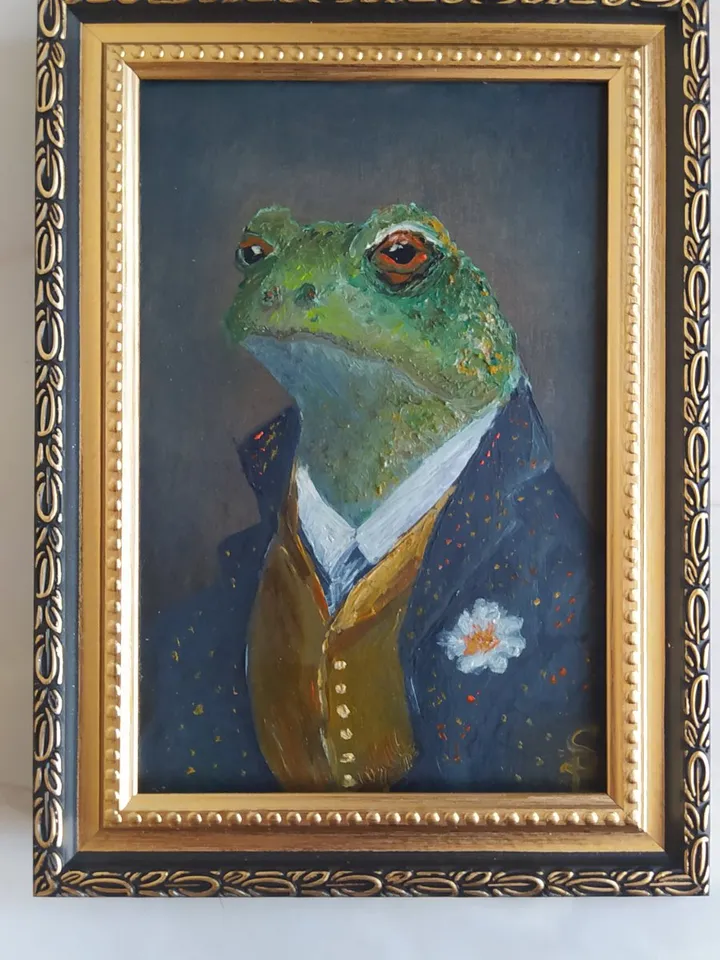 Oil painting "Vintage Victorian Portrait of a toad", miniature, about 4 ...