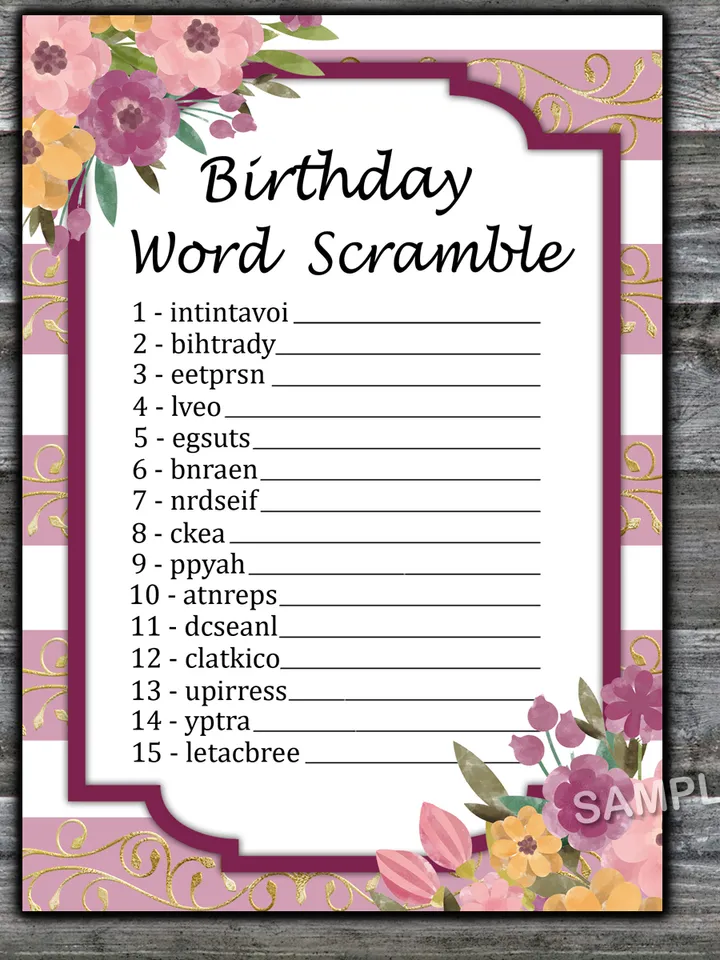 Pink Striped Birthday Word Scramble Game,Adult Birthday party game-fun ...
