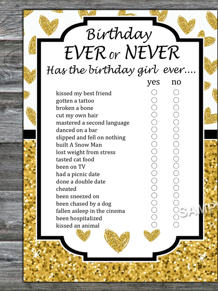 Gold glitter heart Birthday ever or never game,Adult Birthday party ...