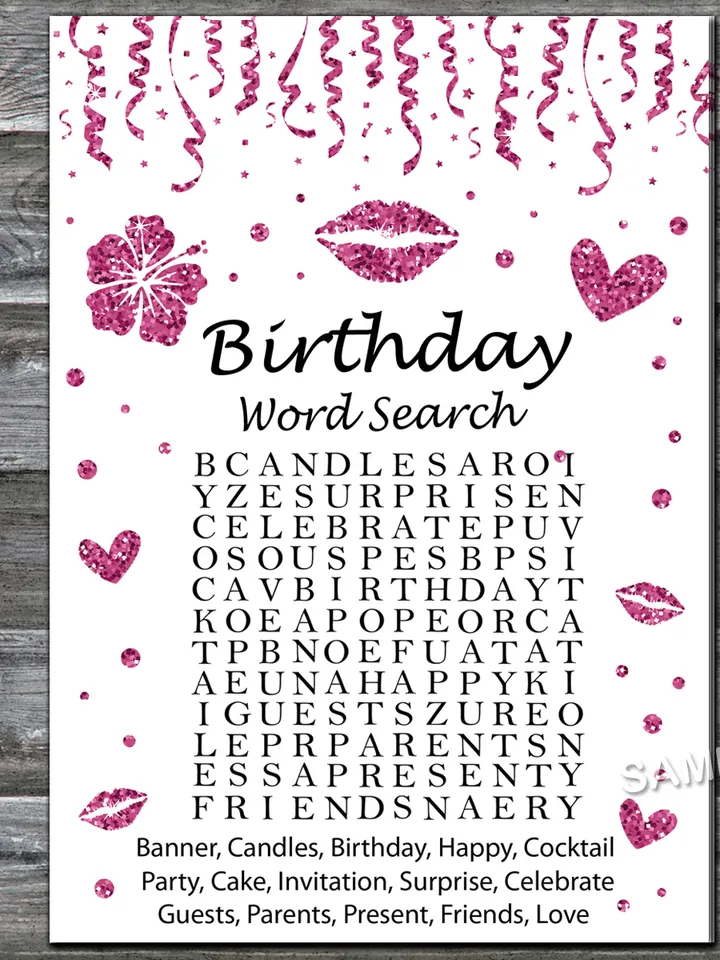 Pink glitter Birthday Word Search Game,Adult Birthday party game-fun ...
