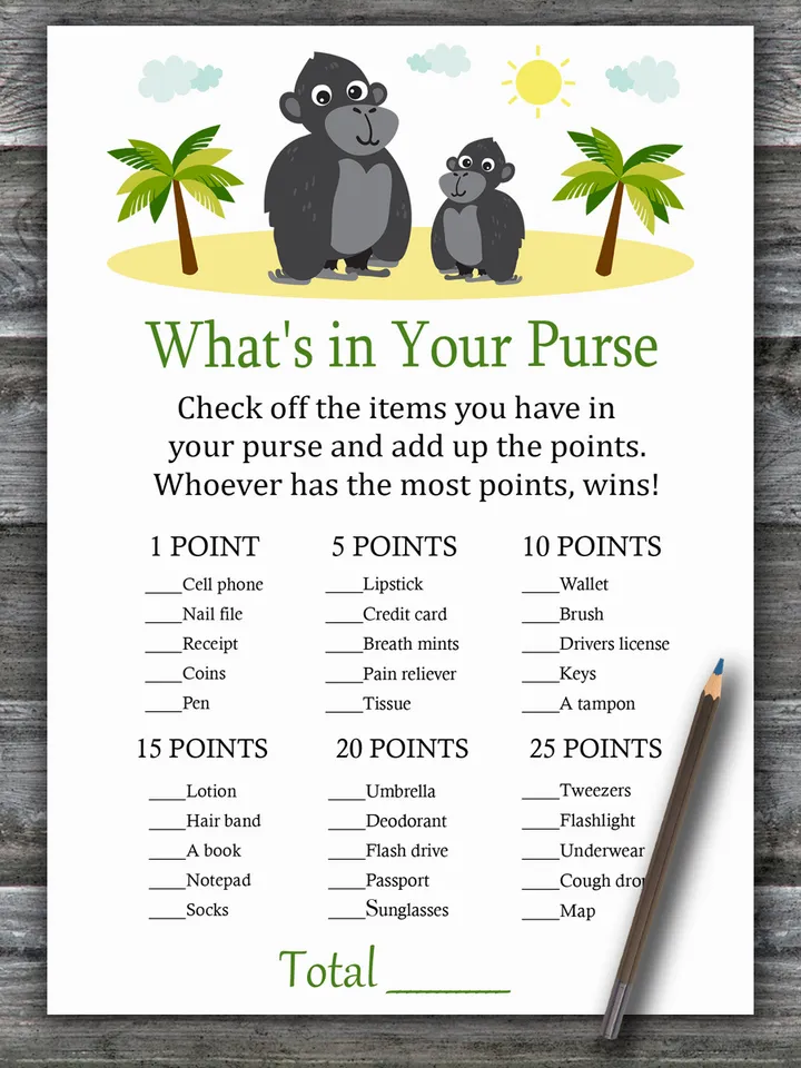 Gorilla What's in your purse game,Jungle Baby shower games printable ...