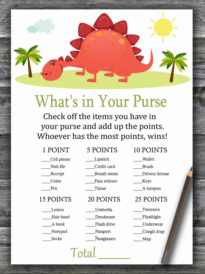 Red Dinosaur What's in your purse game,Dinosaur Baby shower games ...