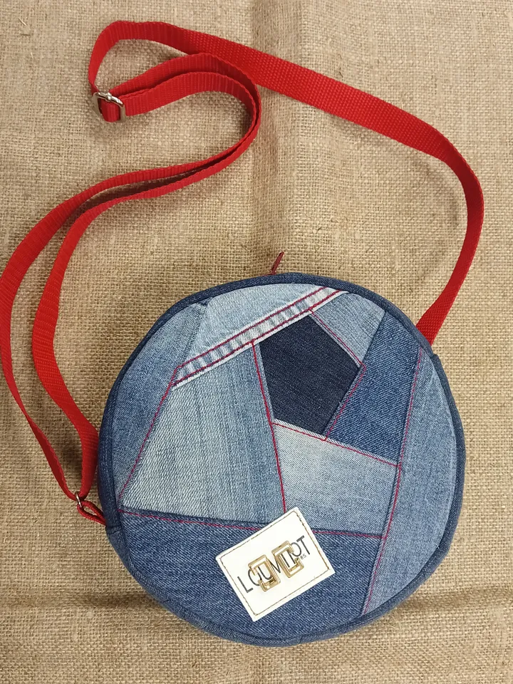 Round denim crossbody bag, for various necessary trifles, with 3 ...
