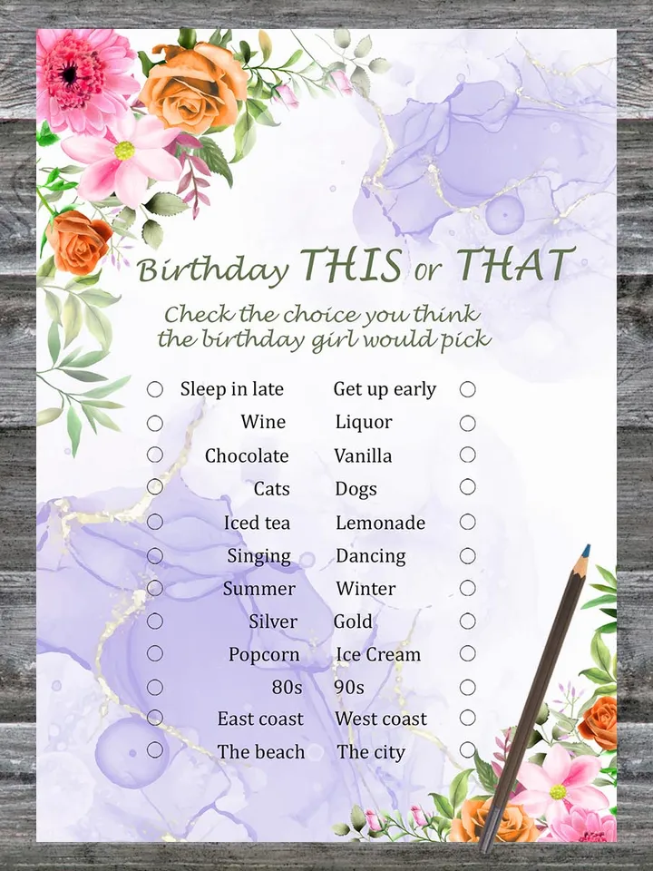 Pink Flowers Birthday This or that game,Adult Birthday party game-fun ...