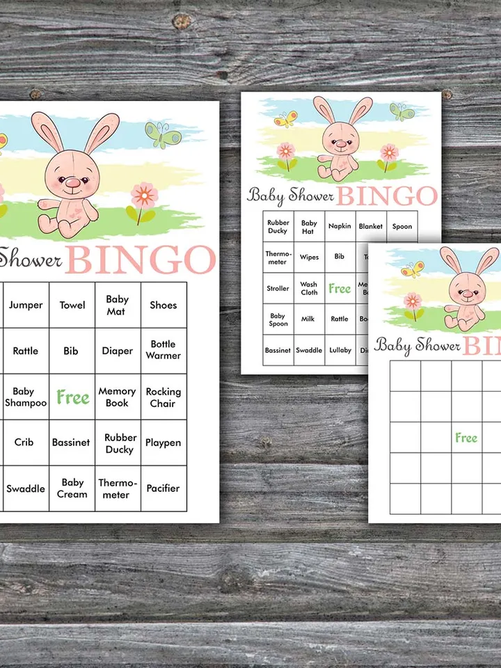 Pink Rabbit Baby Shower Bingo Cards,Bunny themed Baby Shower Bingo ...