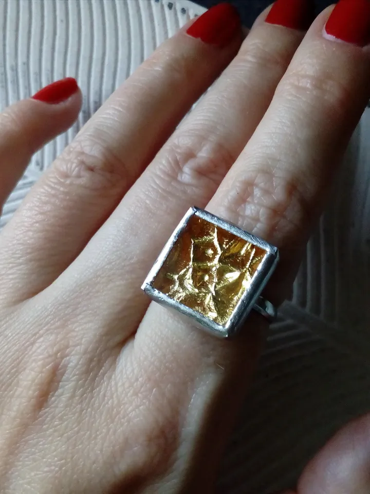 Glass ring, square glass, simple stained glass, tin soldered ring ...