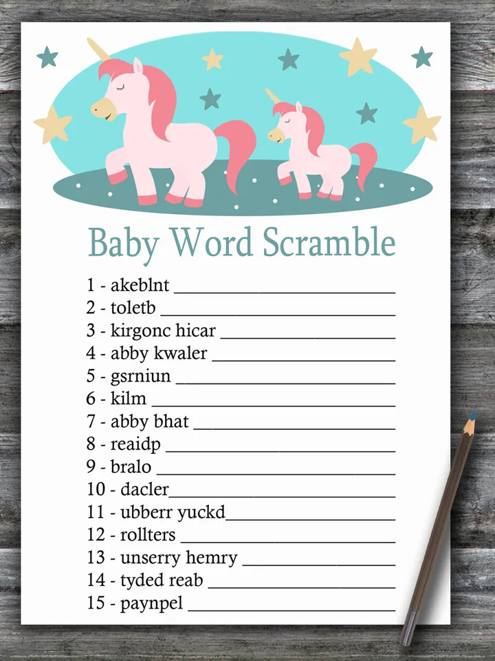 Rainbow Unicorn Baby word scramble game card,Unicorn Baby shower games ...
