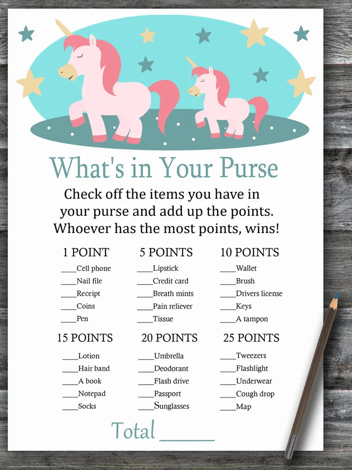 Rainbow Unicorn What's in your purse game,Unicorn Baby shower games ...