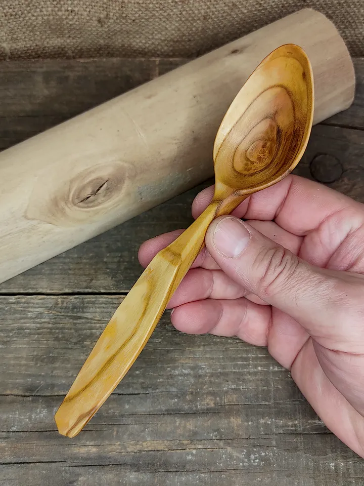 Handmade wooden spoon from peach wood with comfortable handle, eating ...