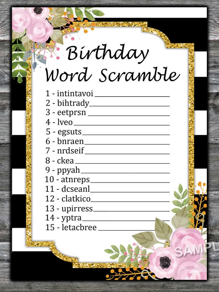 Black White Striped Birthday Word Scramble Game,Adult Birthday party ...